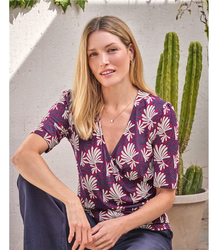 Navy Fan Print | Printed Jersey Wrap Top | WoolOvers US