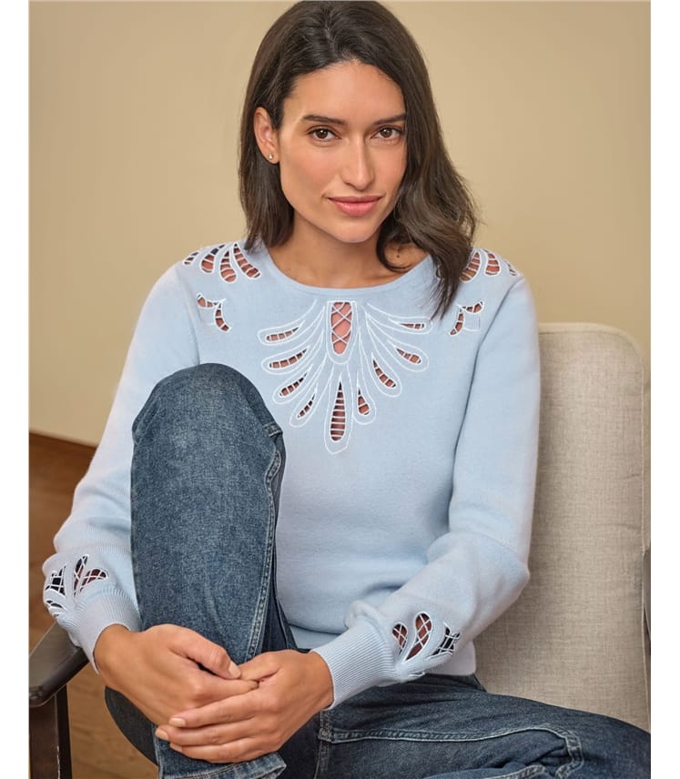 Soft Blue | Cotton Wool Embroidered Sweater | WoolOvers UK