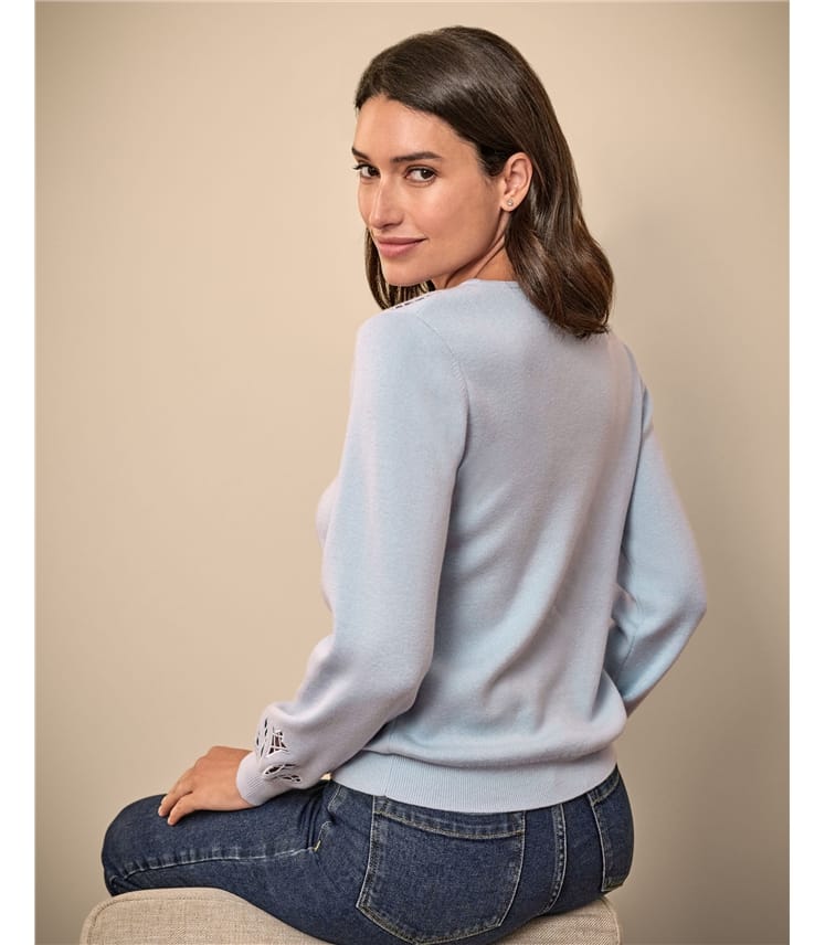 Soft Blue | Cotton Wool Embroidered Sweater | WoolOvers UK