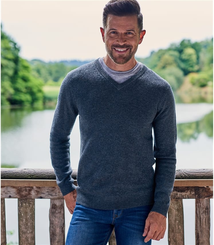 Dark Denim Marl | RWS Mens Classic V Neck Jumper | WoolOvers AU