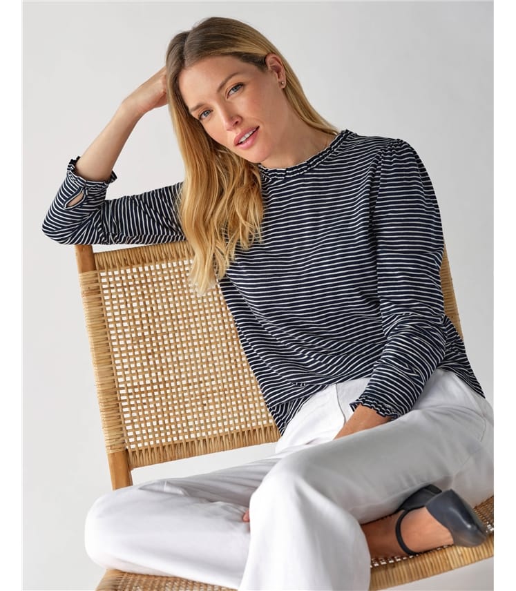 Navy Stripe | Ruffle Neck Jersey Top | WoolOvers UK