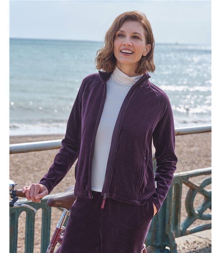 Blackcurrant | Placid Velour Zip Through Jumper | WoolOvers UK