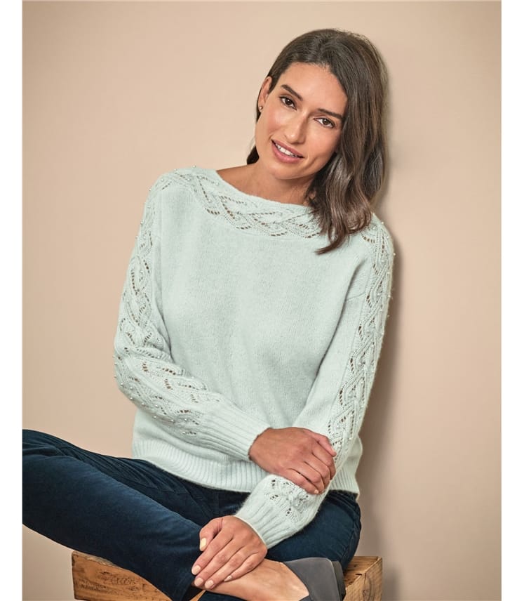 Aqua Ice | Wool Cashmere Lace And Pearl Sleeve Sweater | WoolOvers US