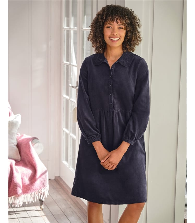 Midnight Navy | Petal Collar Cord Dress | WoolOvers UK