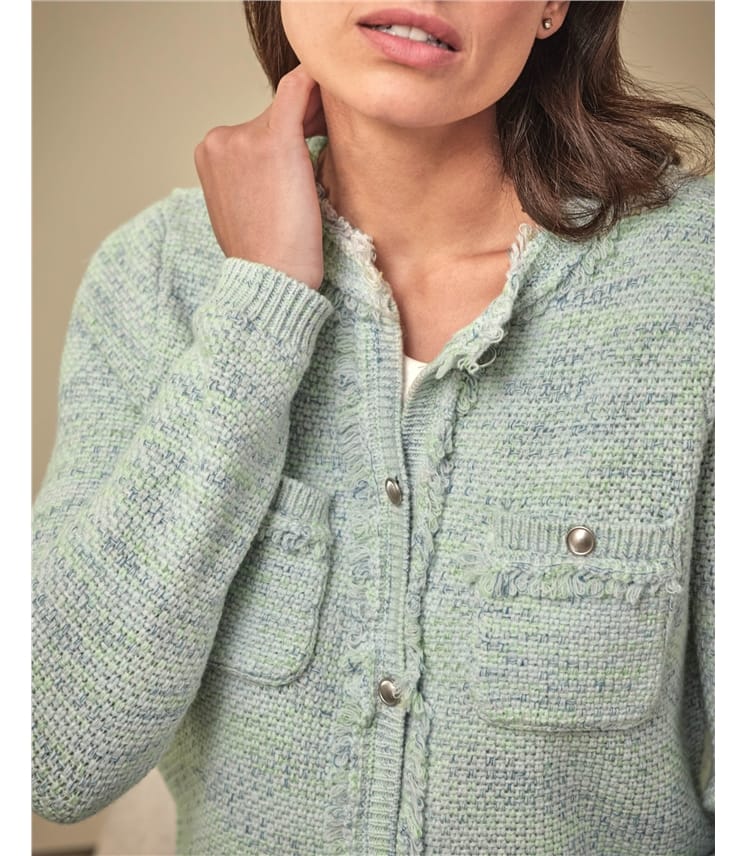 Pale Aqua | Wool Blend Tweedy Fringe Jacket | WoolOvers US