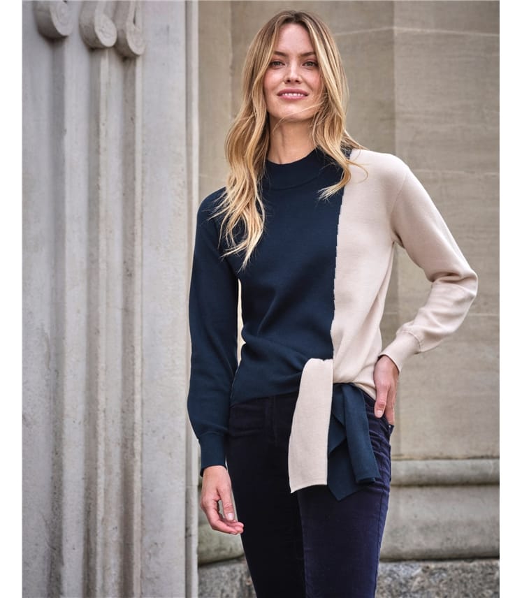 Navy Neutral | Cotton Blend Tie Sweater | WoolOvers UK