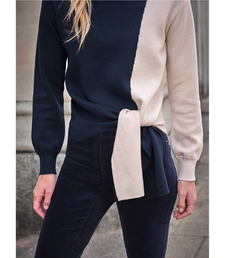 Navy Neutral | Cotton Blend Tie Sweater | WoolOvers UK