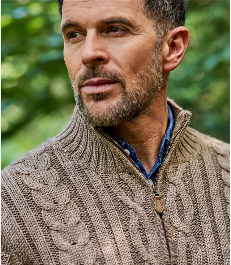 Vole Marl Mens Pure Wool Aran Cable Zip Neck Knitted Sweater