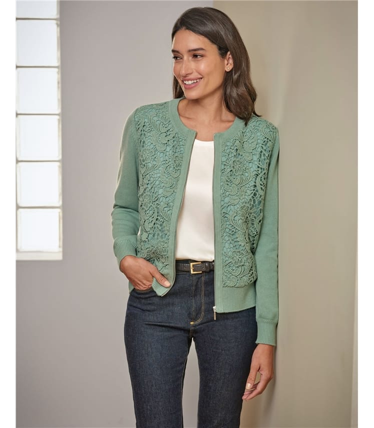 Soft Green | Wool Blend Lace Zip Cardigan | WoolOvers US