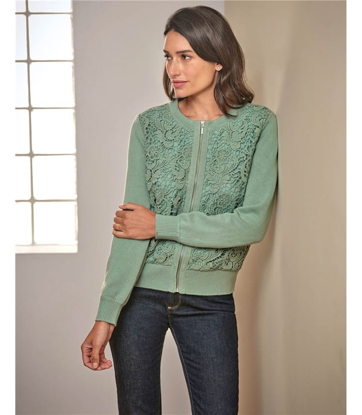Soft Green | Wool Blend Lace Zip Cardigan | WoolOvers US