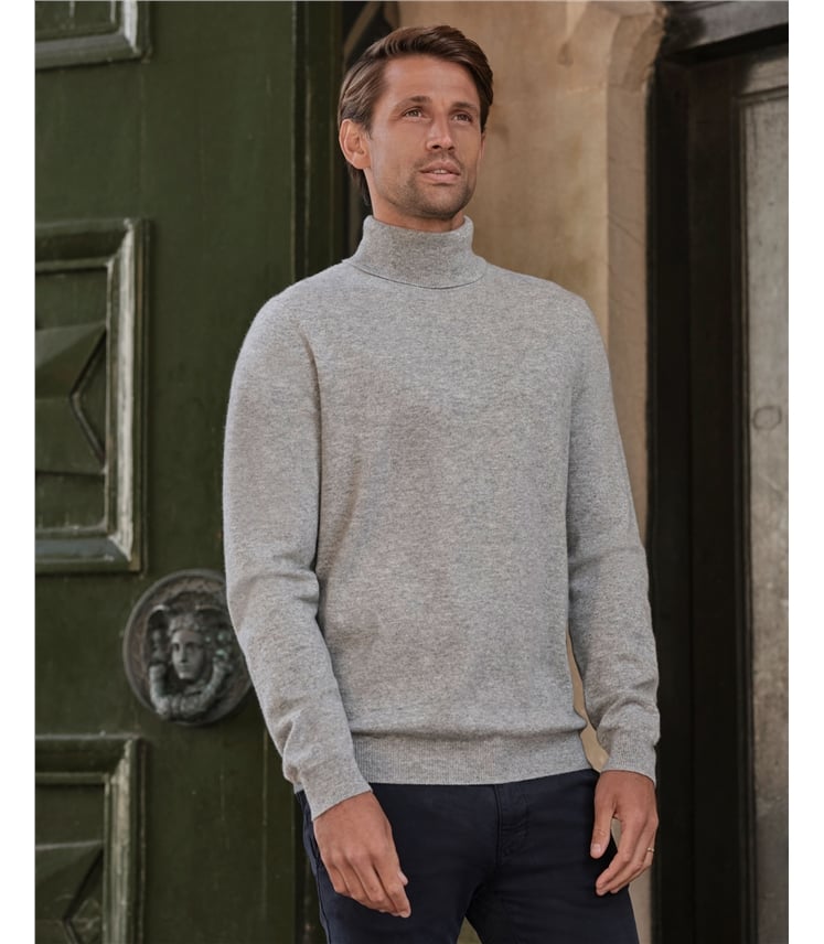 Heather Grey | Mens Cashmere Roll Neck Sweater | WoolOvers UK