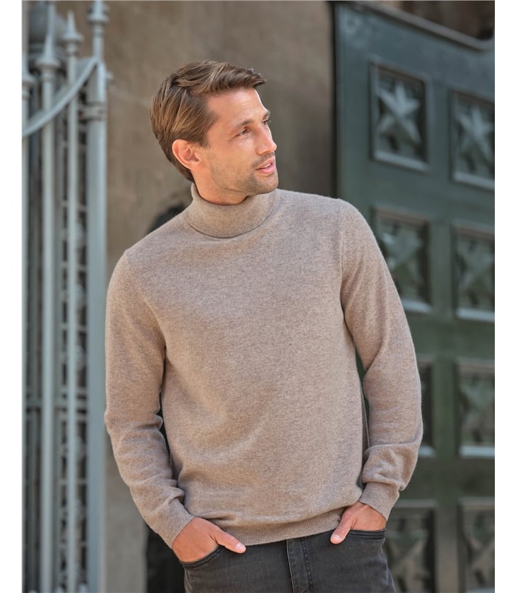Oatmeal | Mens Cashmere Roll Neck Sweater | WoolOvers UK
