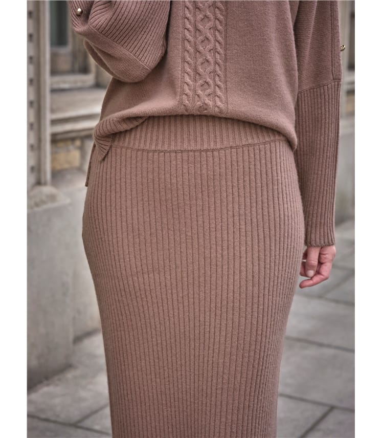 Heathered Mocha | Cashmere Blend Knitted Ribbed Skirt | WoolOvers US