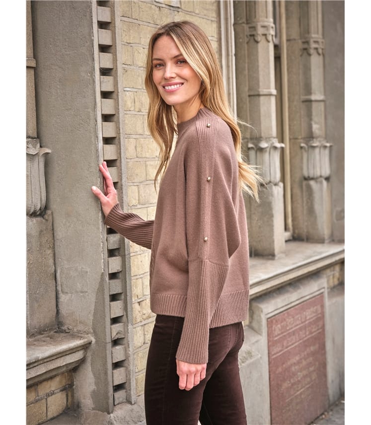 Heathered Mocha | Cashmere Wool Button Sleeve Sweater | WoolOvers US