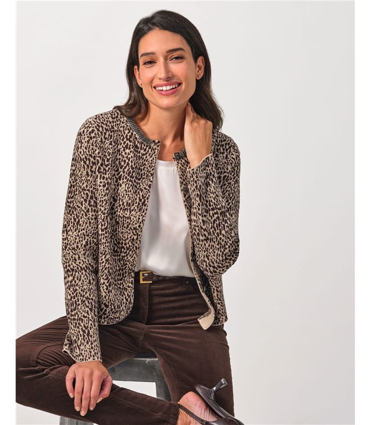 Mocha/Neutral | Animal Knitted Jacket With Trim | WoolOvers US