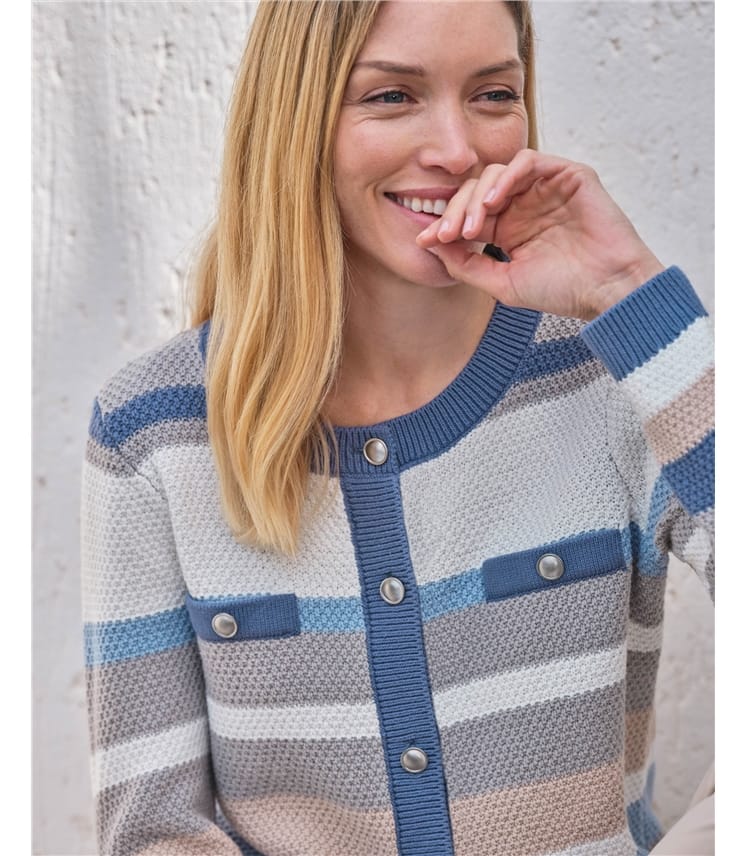 Blue Multi | Cotton Striped Textured Crew Cardigan | WoolOvers US