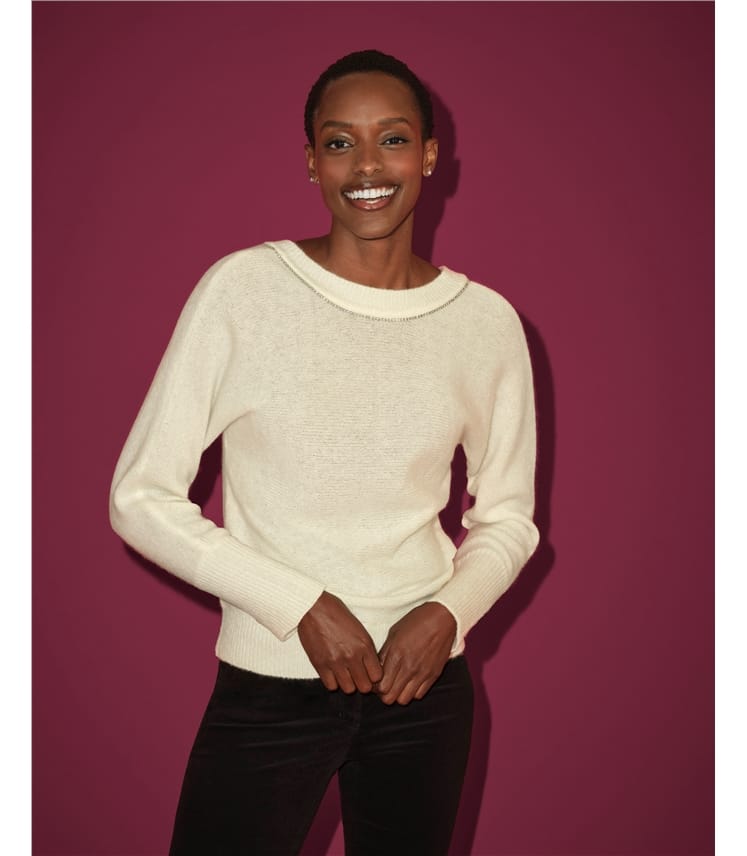 Soft White | Fluffy Diamante Bow Sweater | WoolOvers US
