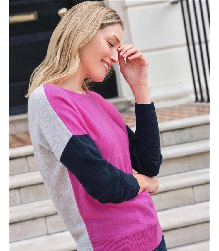 Raspberry Rose Multi | Gassato Cashmere Colour Block Sweater | WoolOvers UK