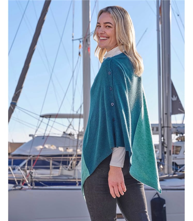 Teal Colour Block | Cashmere Merino Blend Button Poncho | WoolOvers AU
