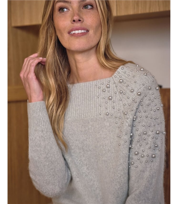 Misty Grey | Pearl Bardot Neck Sweater | WoolOvers US