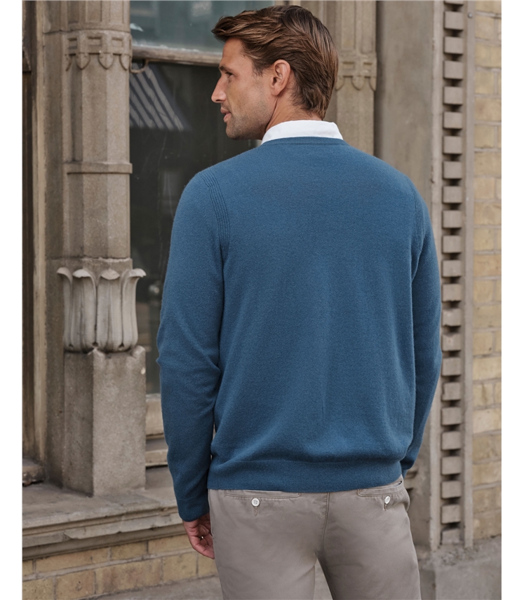 Petrol Blue | Mens Cashmere V Sweater | WoolOvers UK
