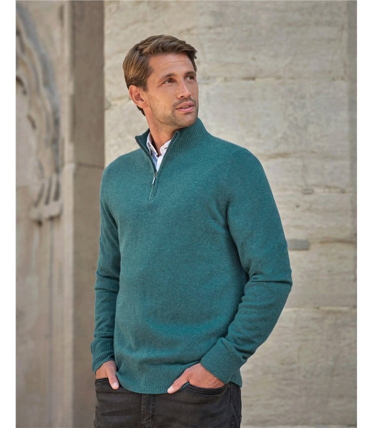 Hunters Green | Mens Cashmere Zip Neck Sweater | WoolOvers US