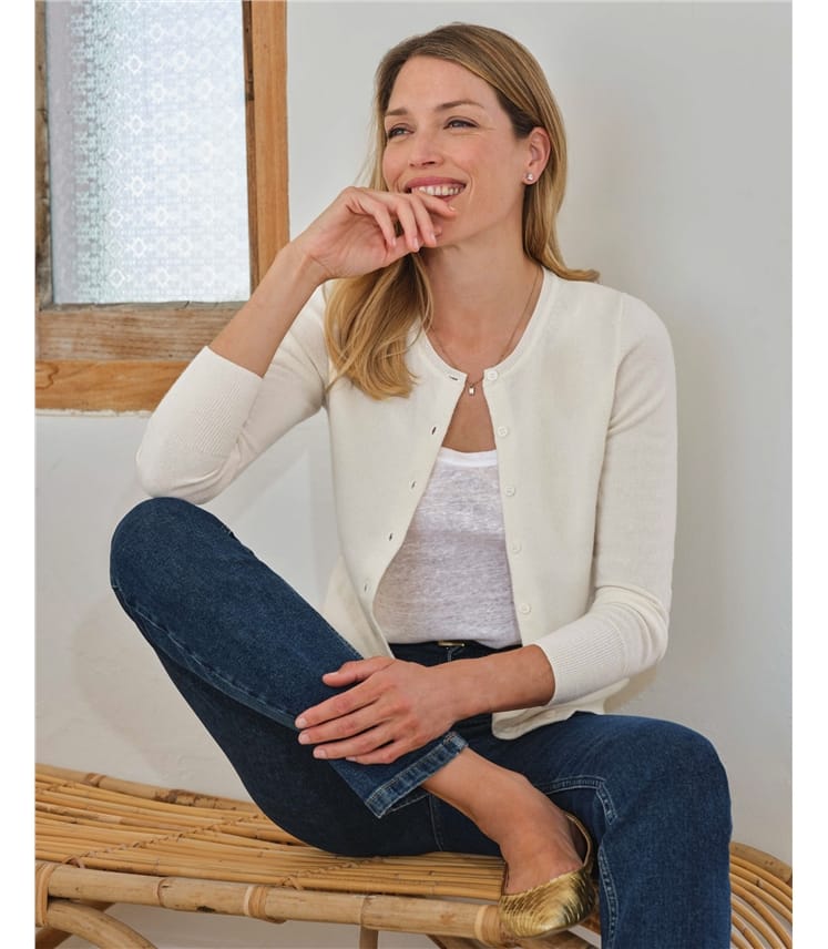 Pearl White | Cashmere Crew Neck Cardigan | WoolOvers US