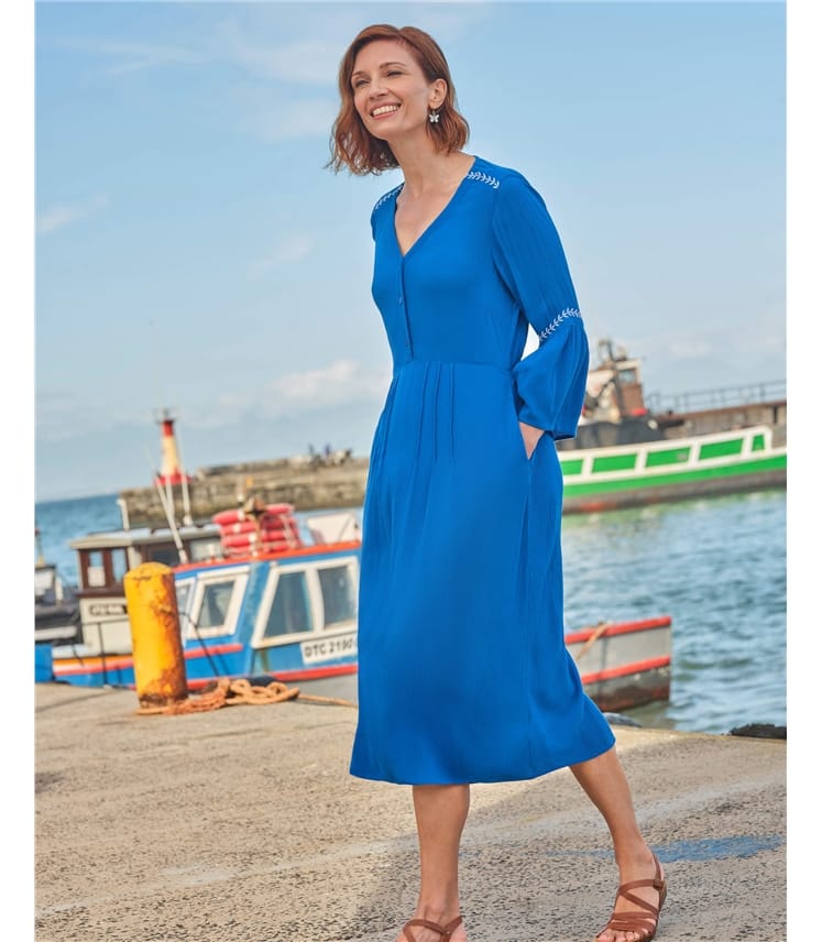 Azure Blue 100 Viscose Fluted Sleeve Viscose Midi Dress