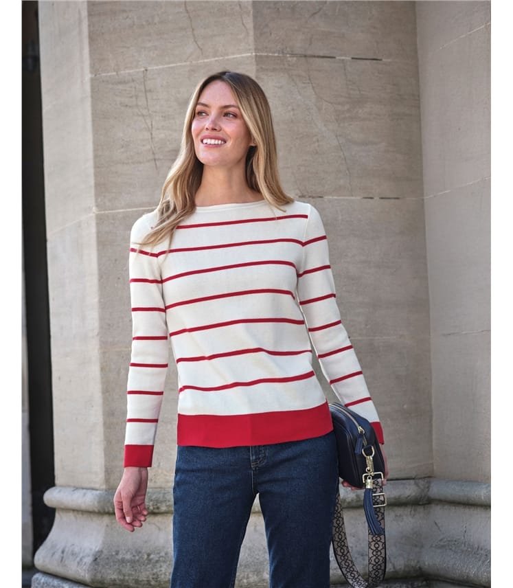 Red/Ivory | Cotton Wool Striped Boat Neck Jumper | WoolOvers UK
