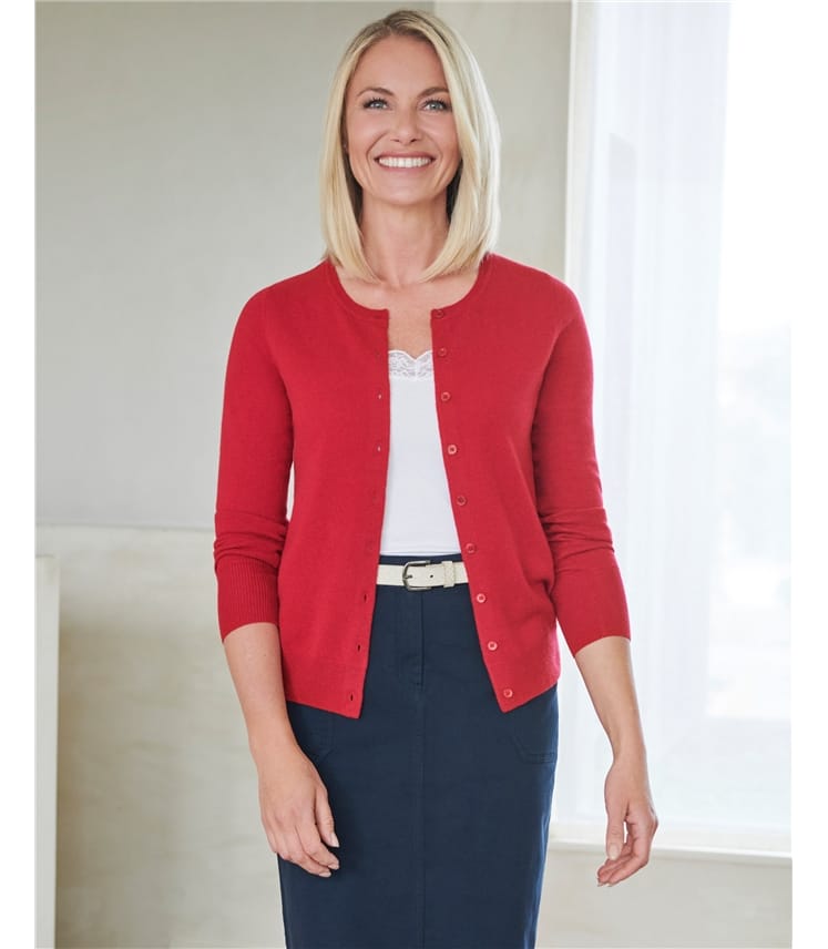 Cherry Red | Cashmere Crew Neck Cardigan | WoolOvers US