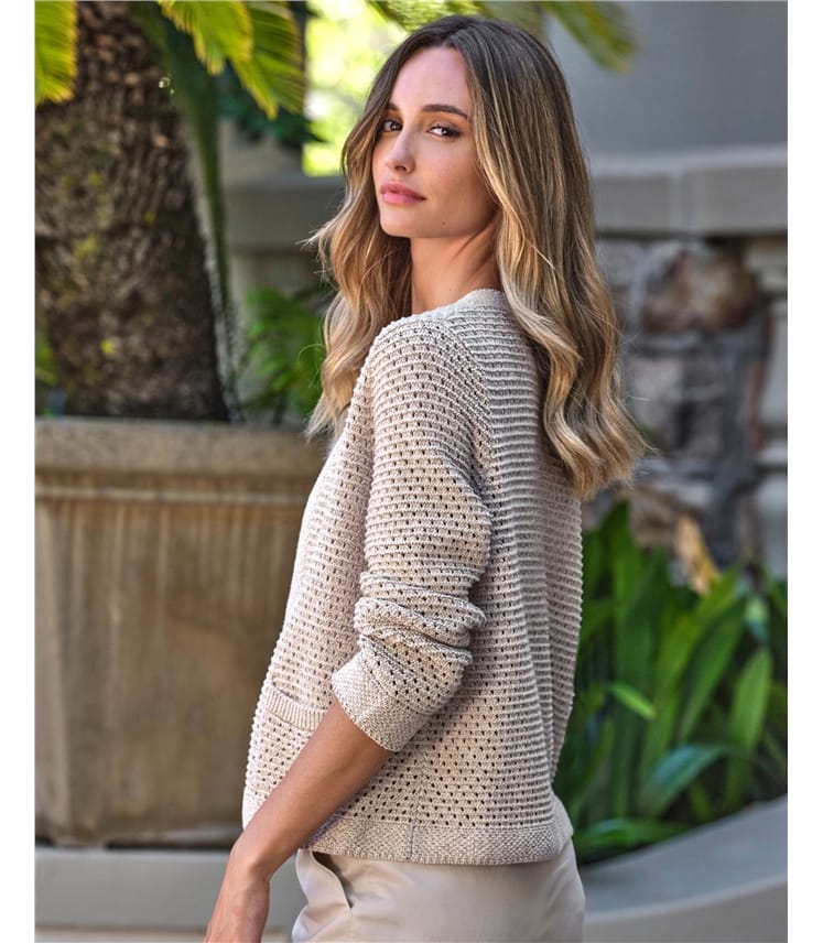 Natural | Cotton Mesh Open Cardigan | WoolOvers US