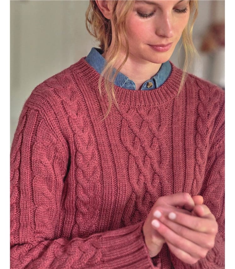 Pink Raspberry | 100% Pure Wool Aran Crew Neck Jumper | WoolOvers AU
