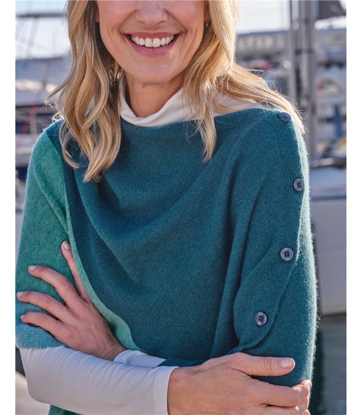 Teal Colour Block | Cashmere Merino Blend Button Poncho | WoolOvers AU