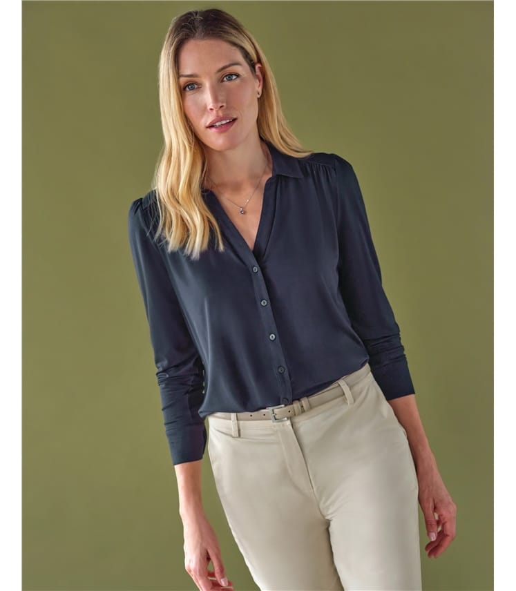 Navy | Viscose Jersey V Neck Shirt | WoolOvers UK