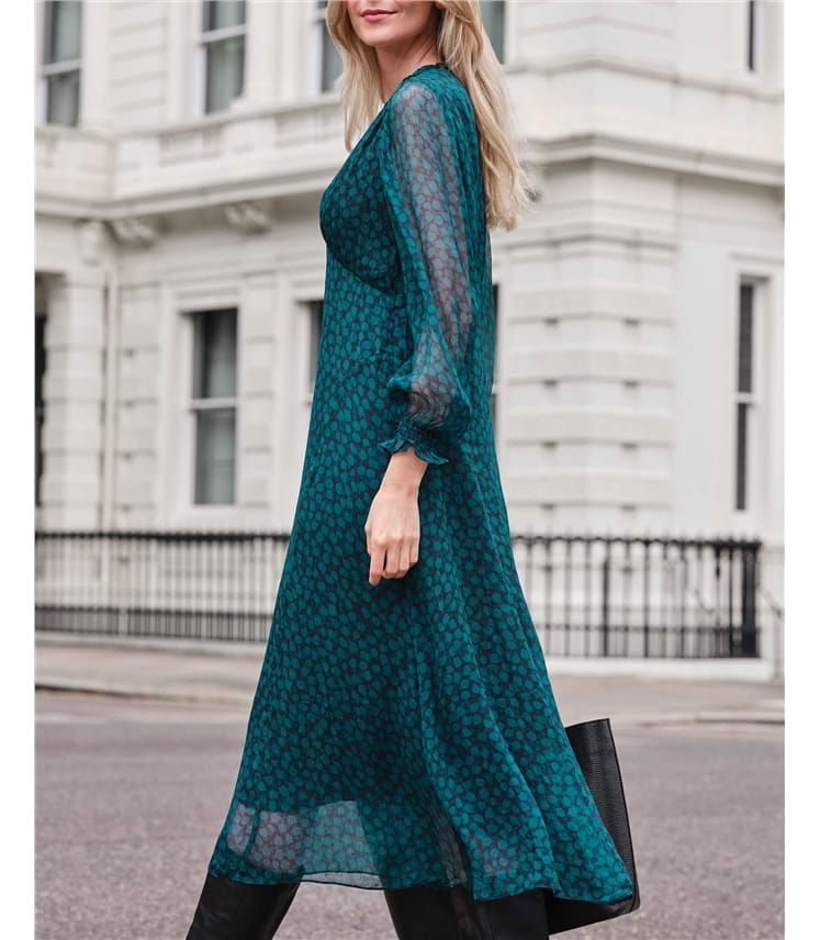 Tonal Dot | Frill Neck Printed Dress | WoolOvers US