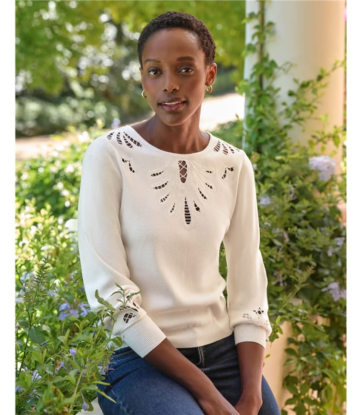 Soft White | Cotton Wool Embroidered Sweater | WoolOvers US