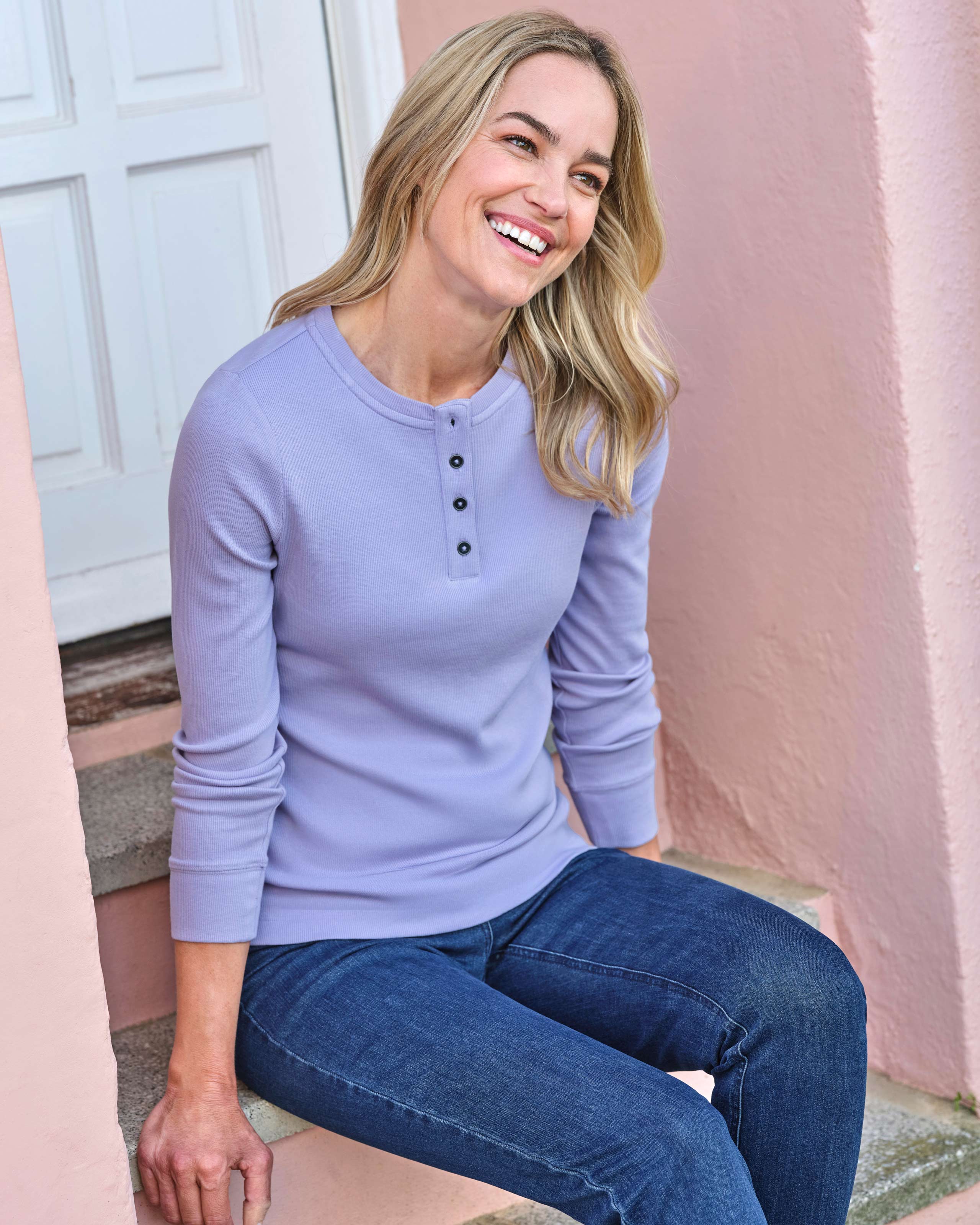 Warm Lilac | Crew Neck Button Henley | WoolOvers UK