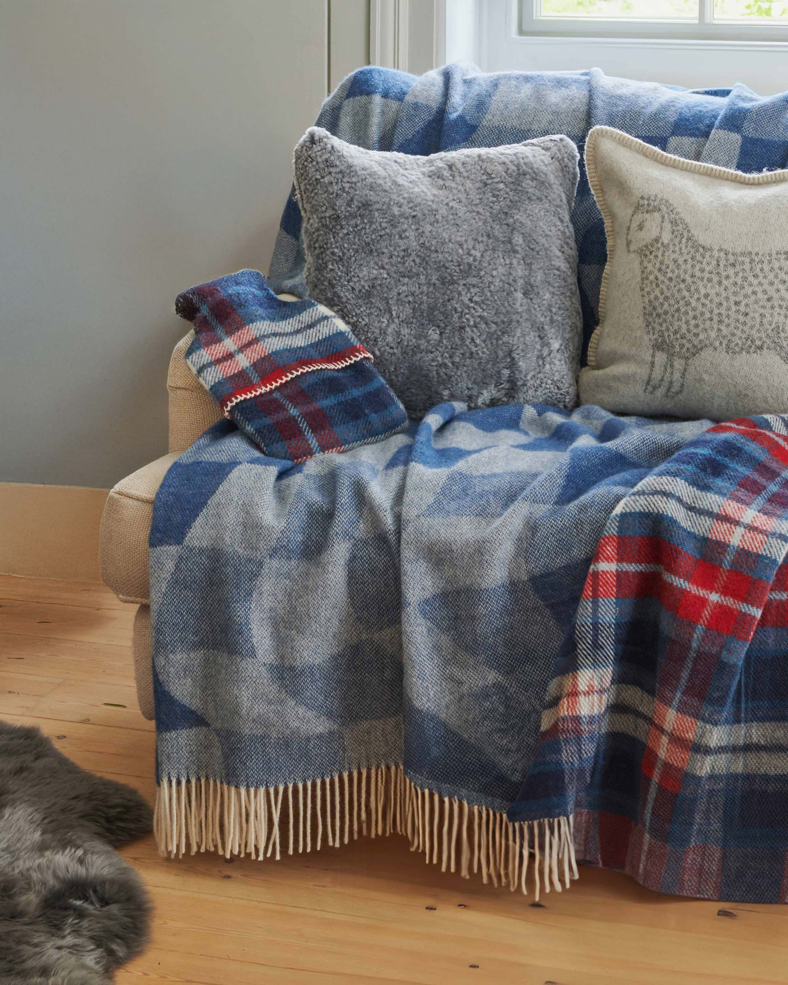 Blue | Pure Wool Wavy Check Throw | WoolOvers US