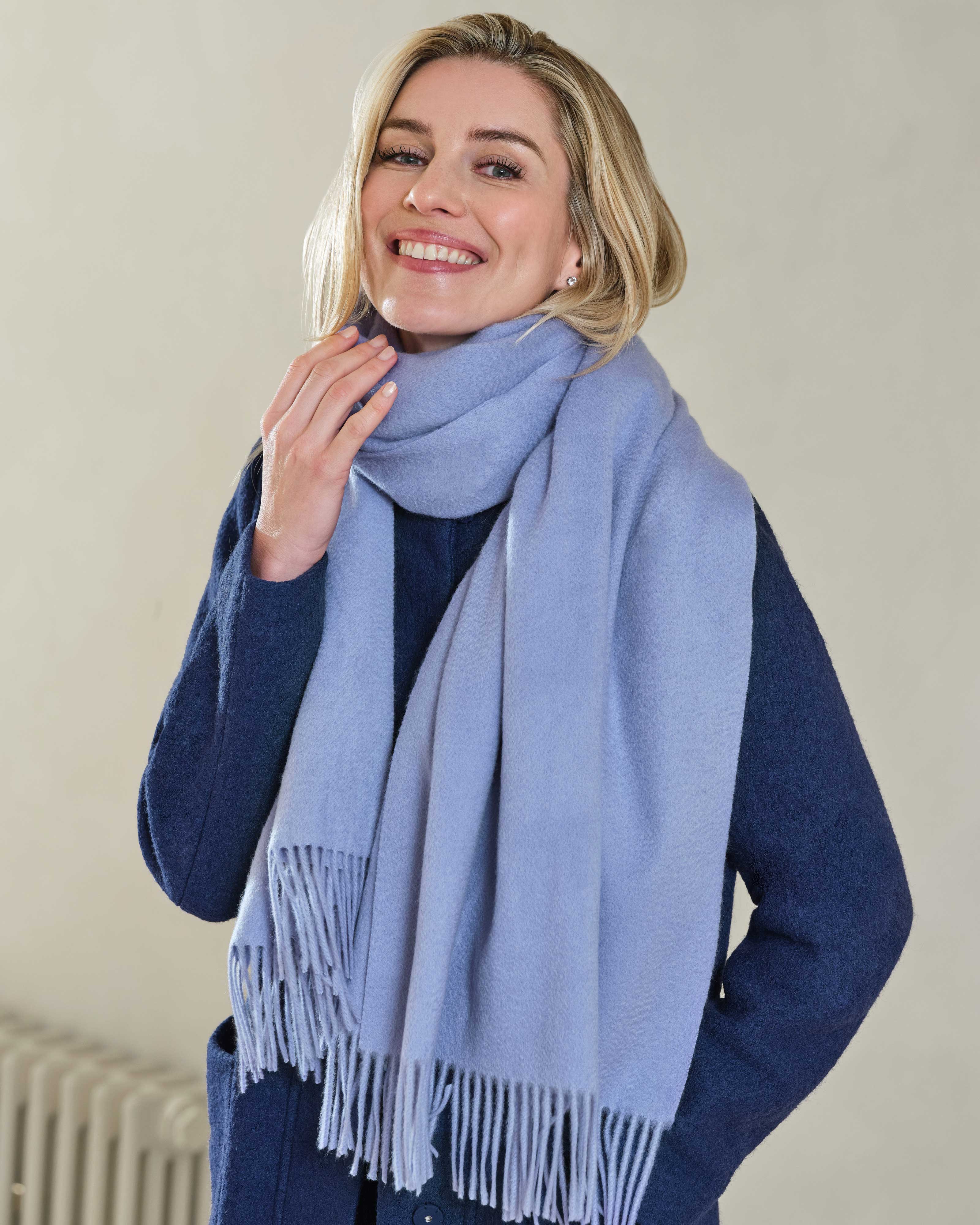 Blue | Womens Wool Cashmere Fringed Scarf | WoolOvers UK
