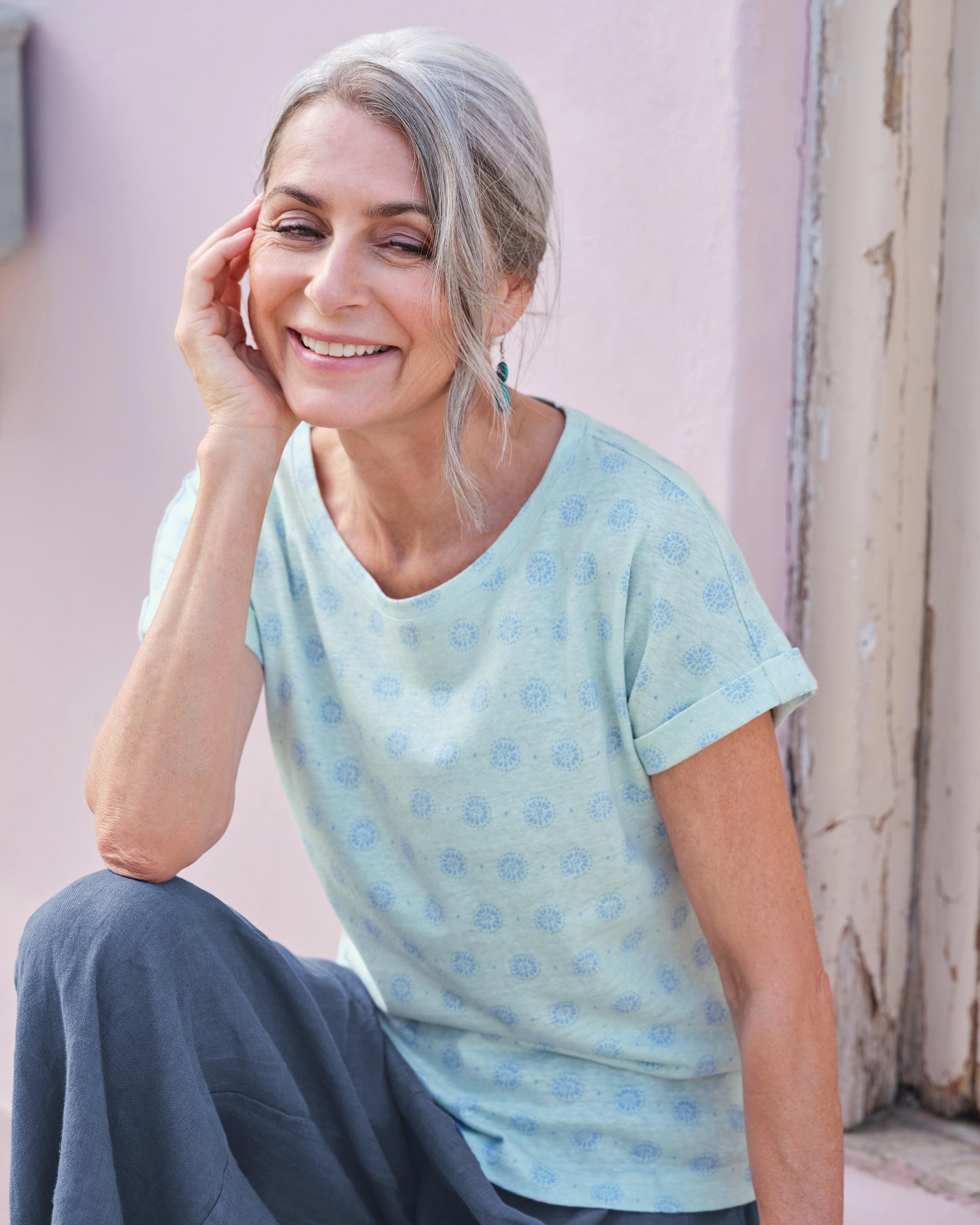 Lotus Pod Print | Linen Blend Turn Back Cuff Top | WoolOvers AU