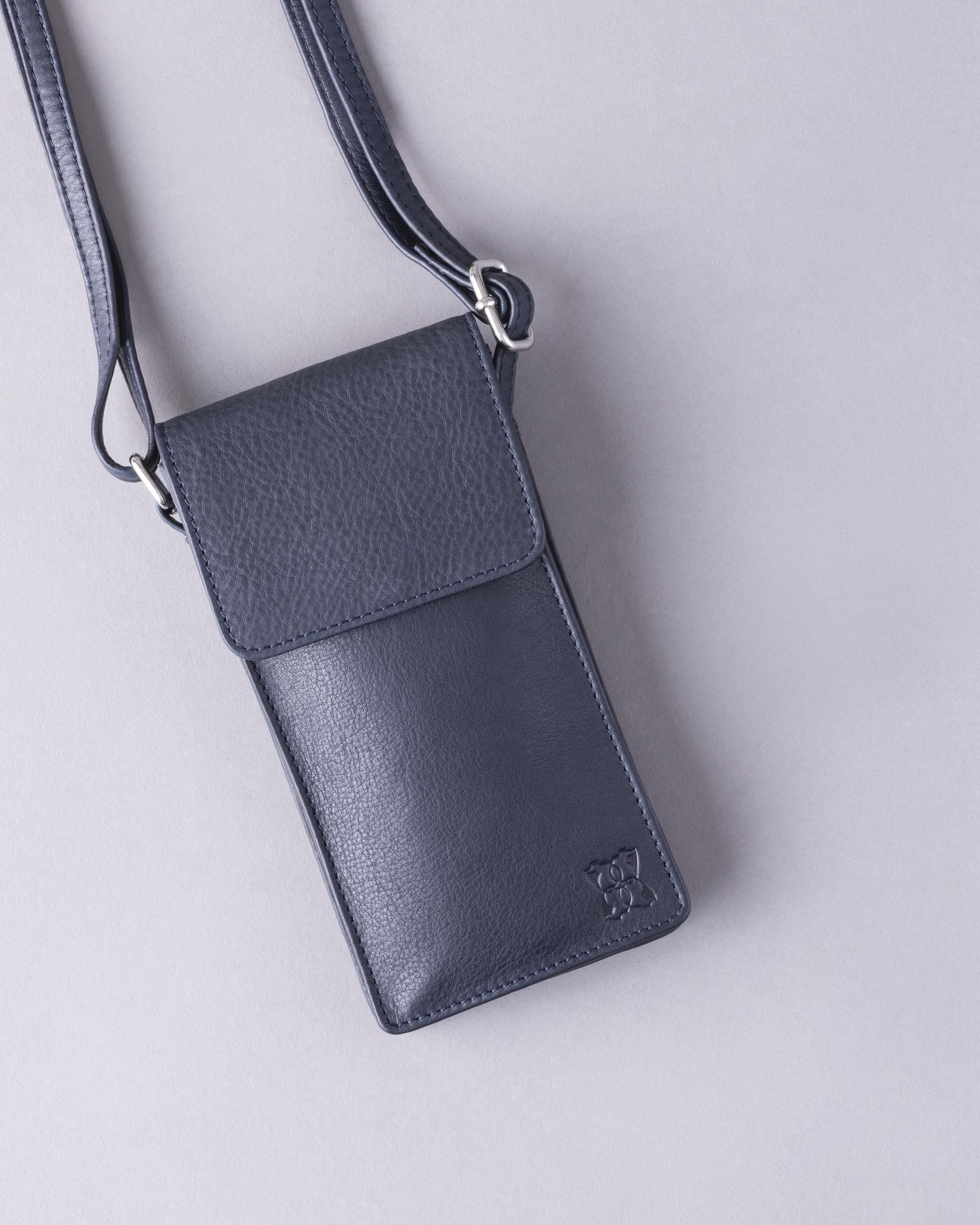 Navy | Bowness Leather Cross Body Phone Pouch | WoolOvers UK