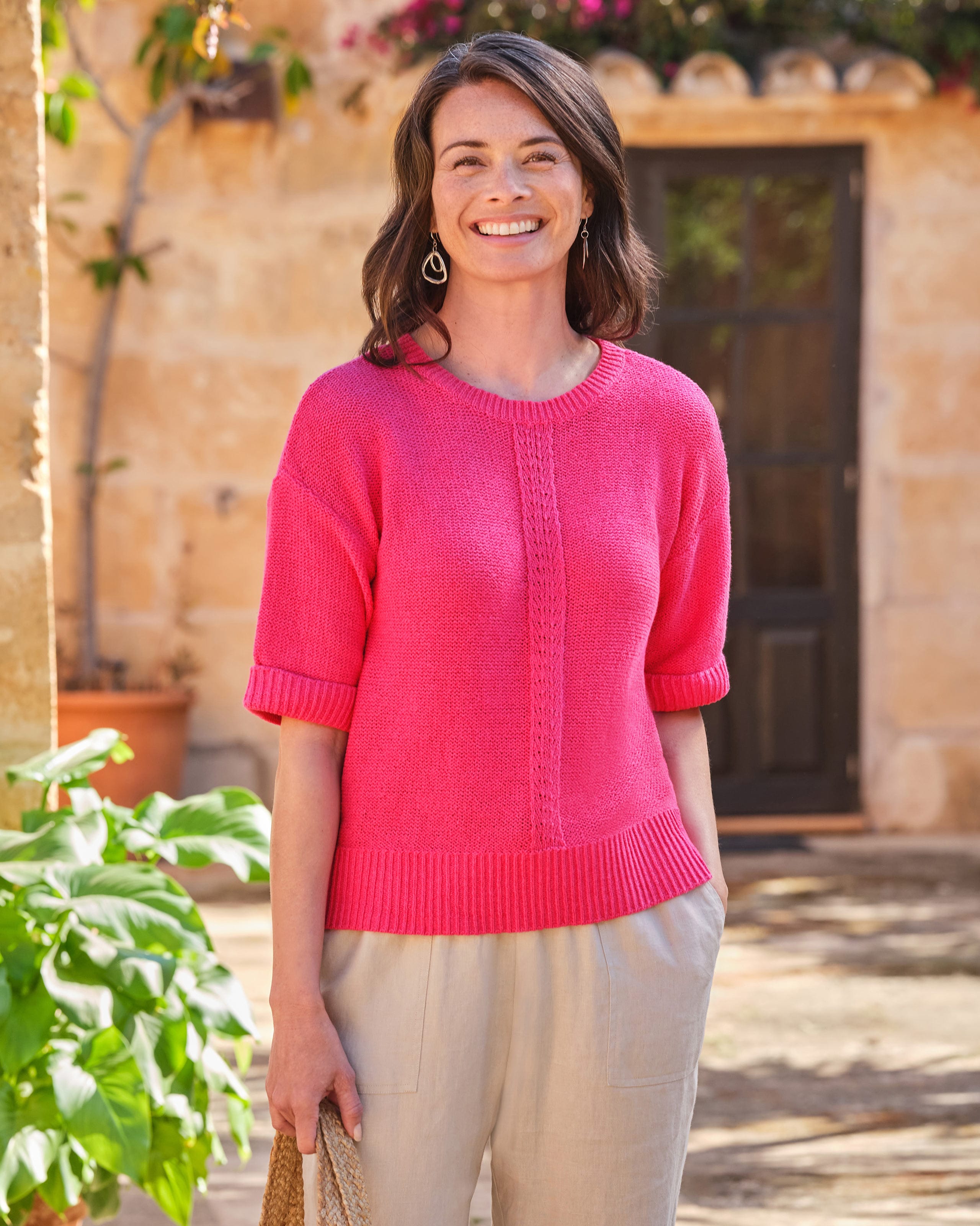 Rose fuchsia | Top brodé - Femme - Coton mélangé | WoolOvers FR