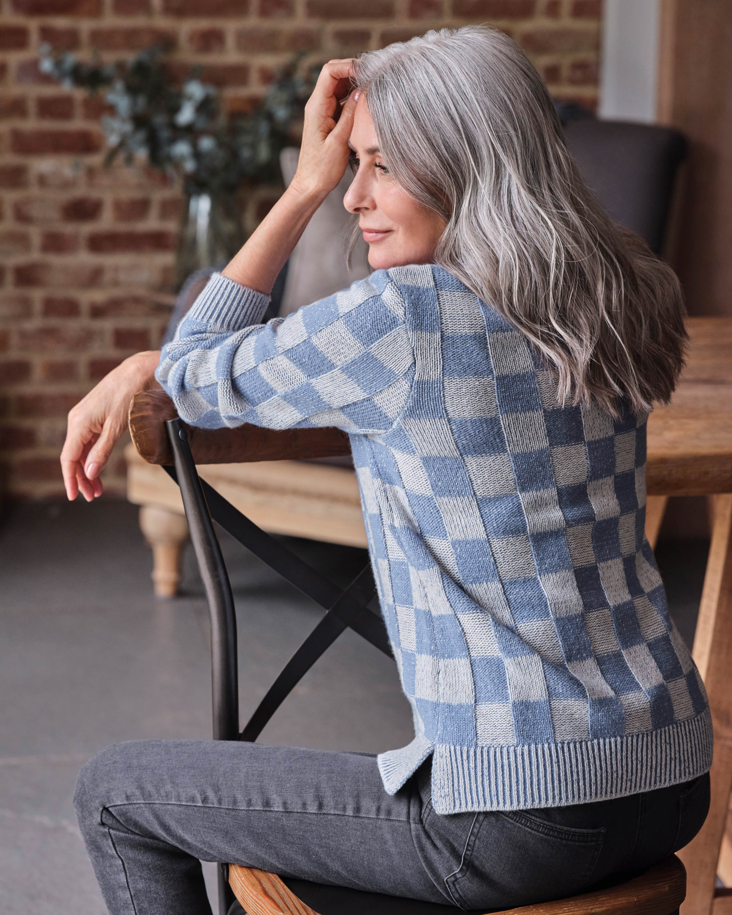 Blue | Mono Chequered Jumper | WoolOvers UK
