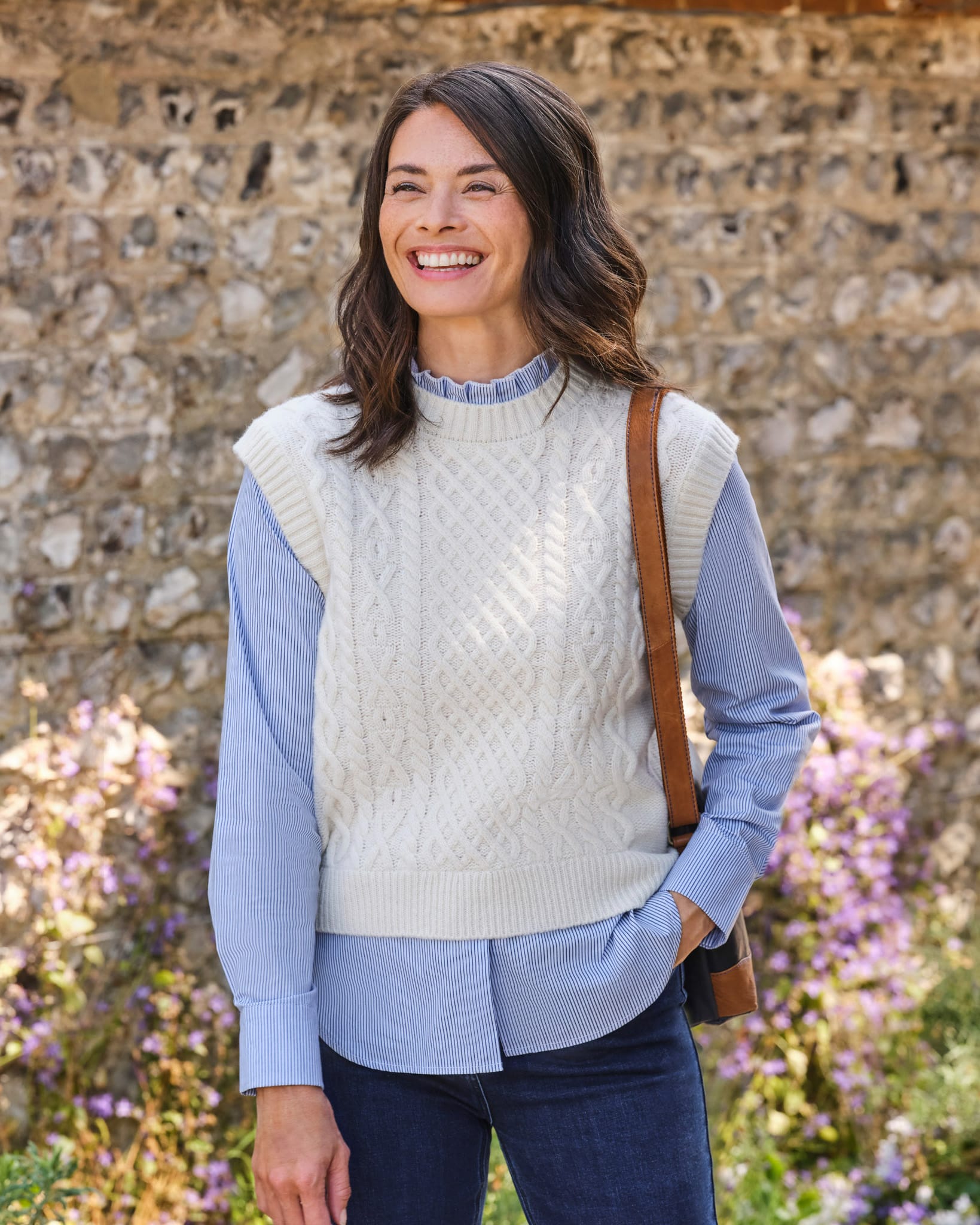 Creme/Blau | Pullunder mit Rundhalsausschnitt und gewebtem Hemd ...