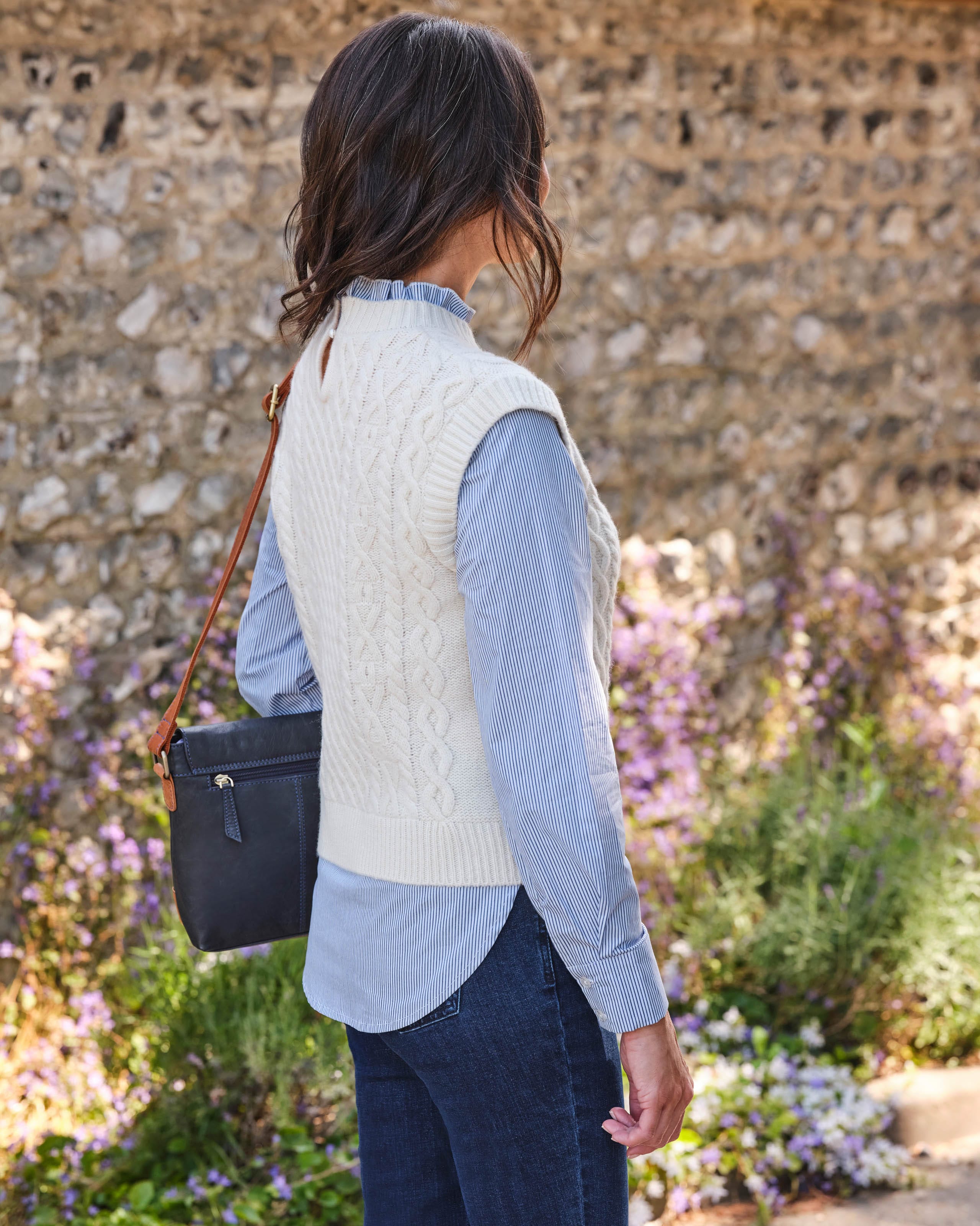 Cream/Blue | Cable Crew Neck Vest With Woven Shirt | WoolOvers AU