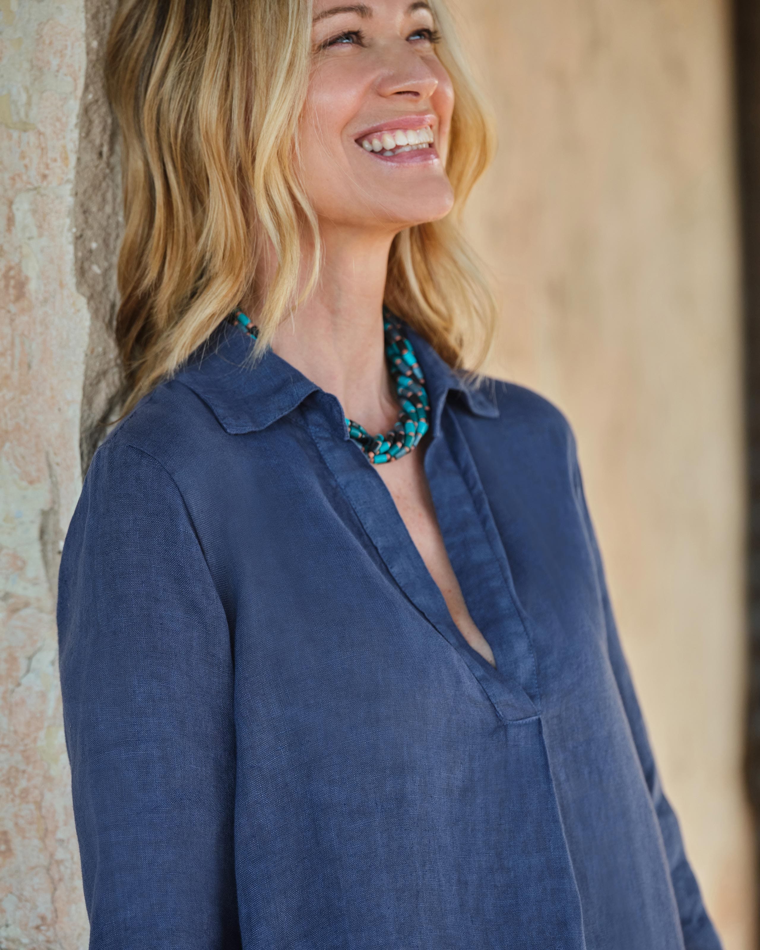 Bleu crépuscule | Tunique décontractée à col ouvert - Femme - Lin ...