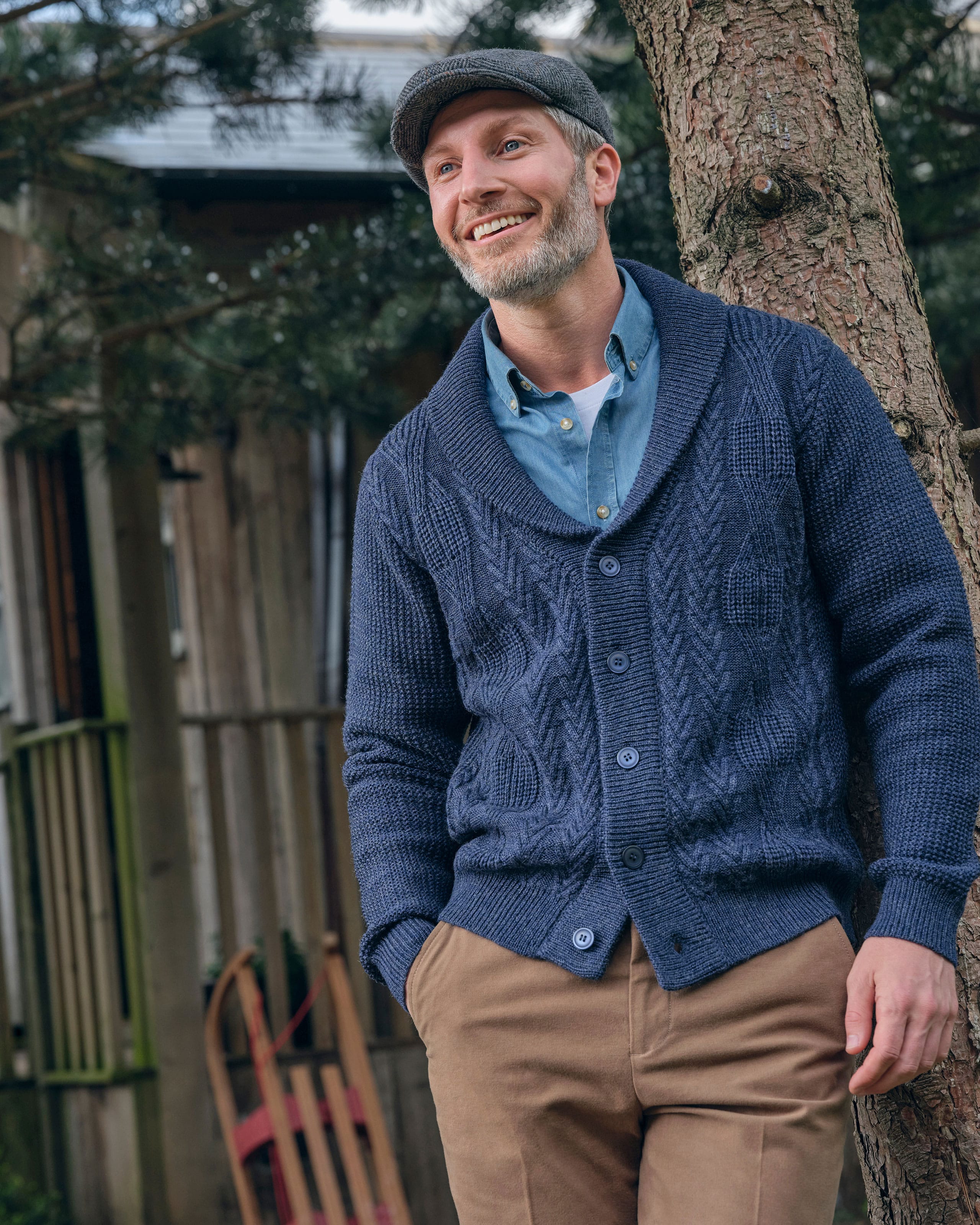 Denim Marl | Logan Cable Shawl Collar Cardigan | WoolOvers US