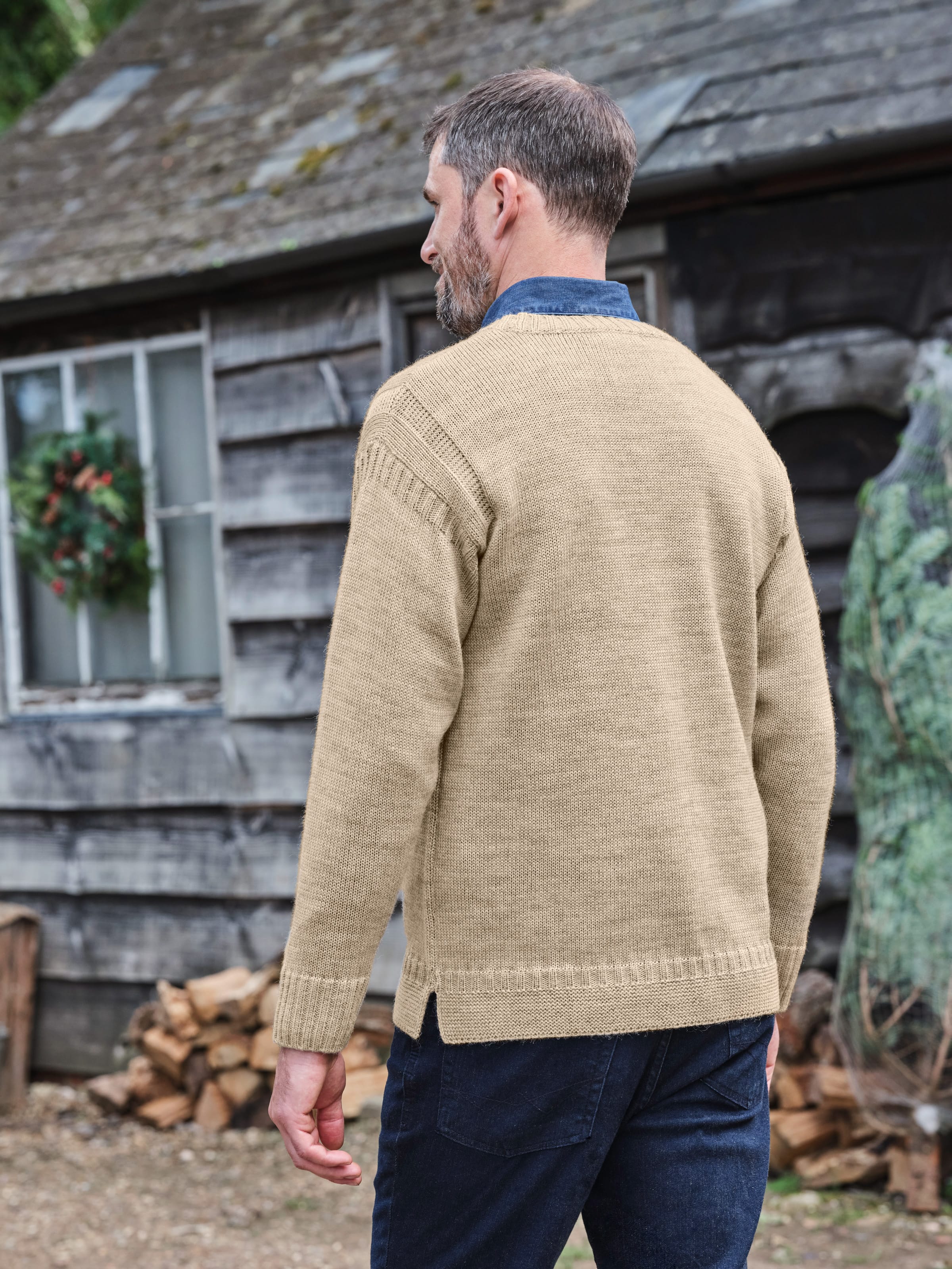 Oatmeal | 100% Pure Wool Knitted Guernsey Jumper | WoolOvers UK