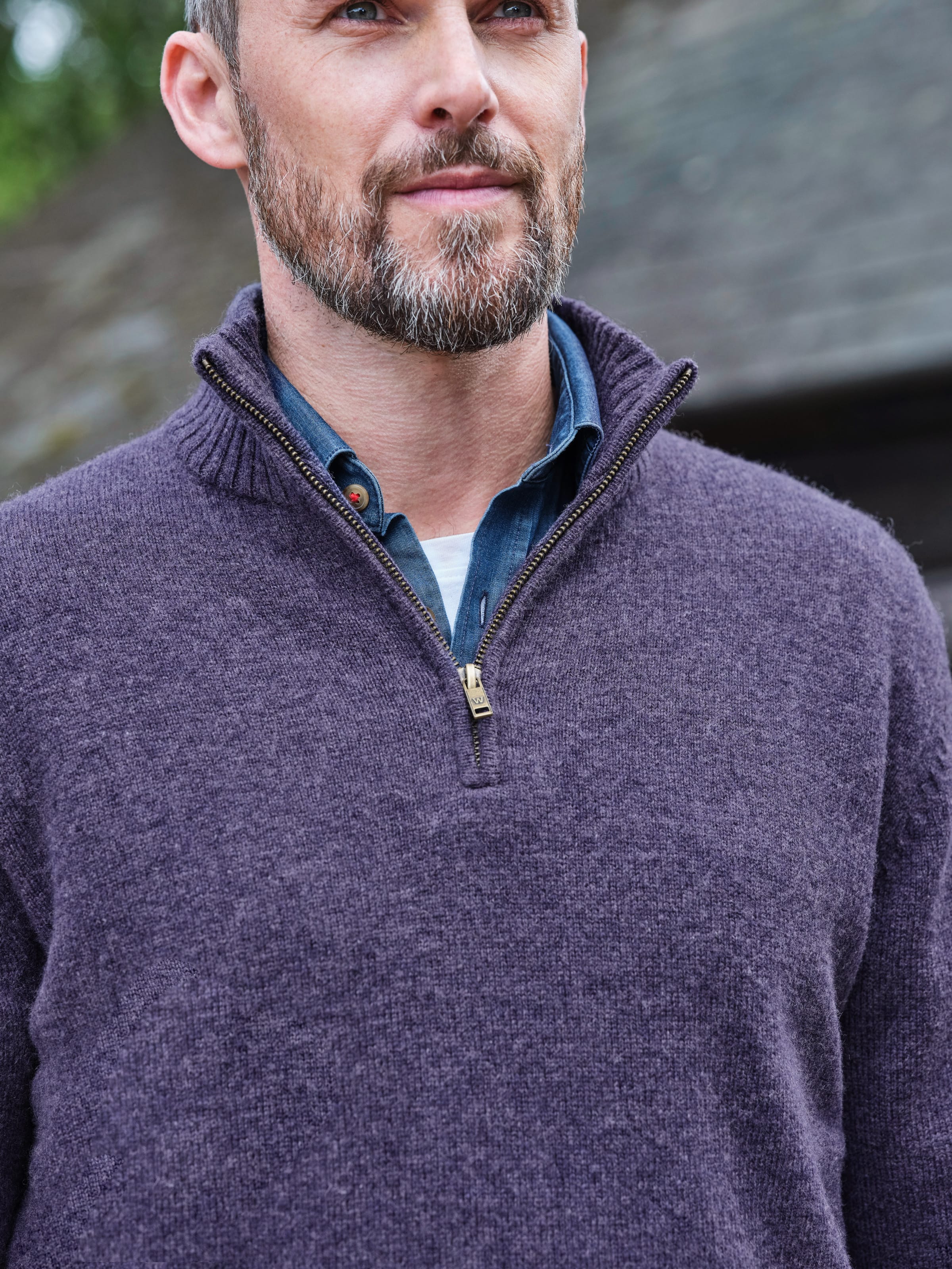 Fig Purple | Mens Lambswool Zip Neck Sweater | WoolOvers US