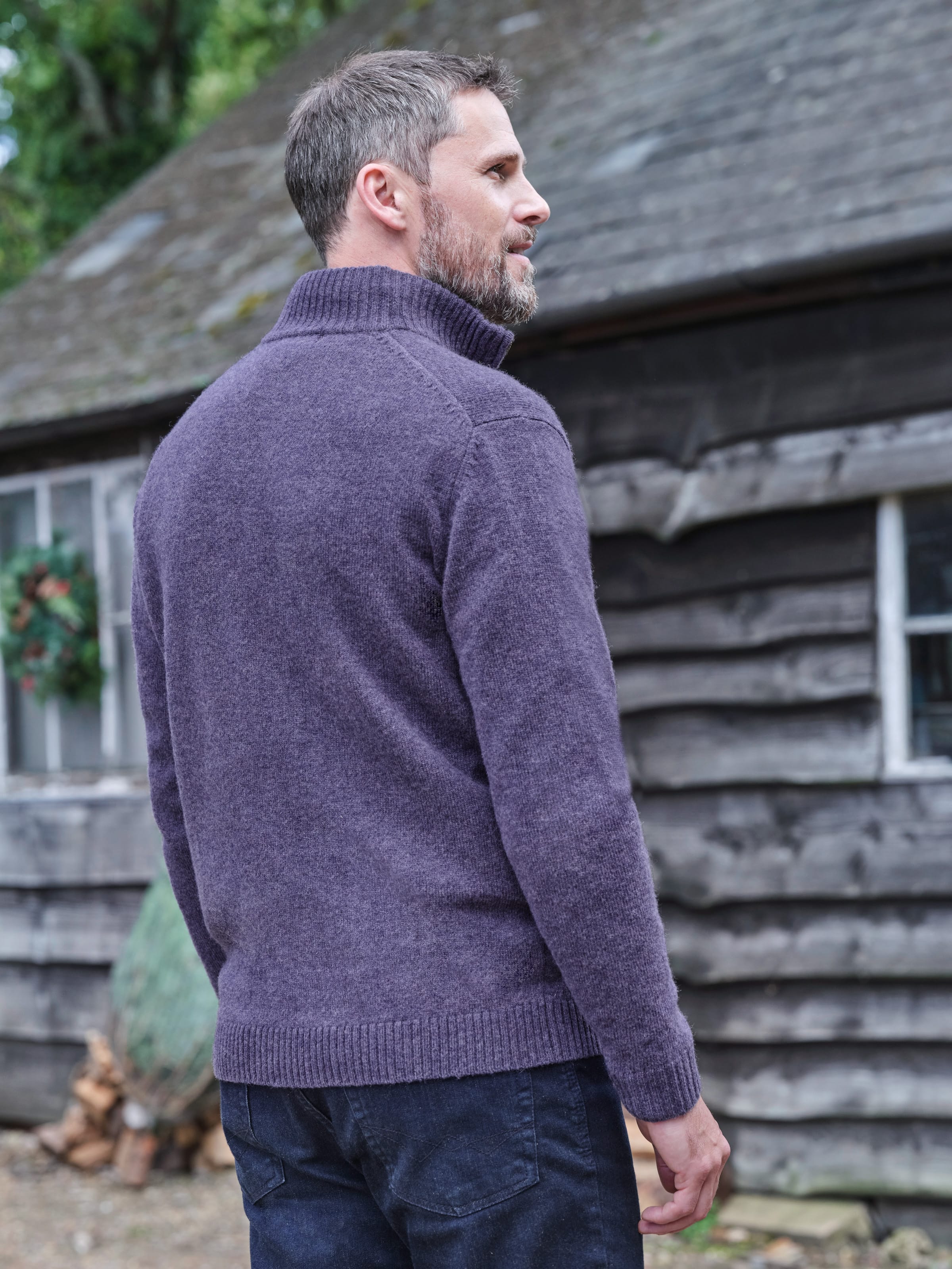 Fig Purple | Mens Lambswool Zip Neck Sweater | WoolOvers US